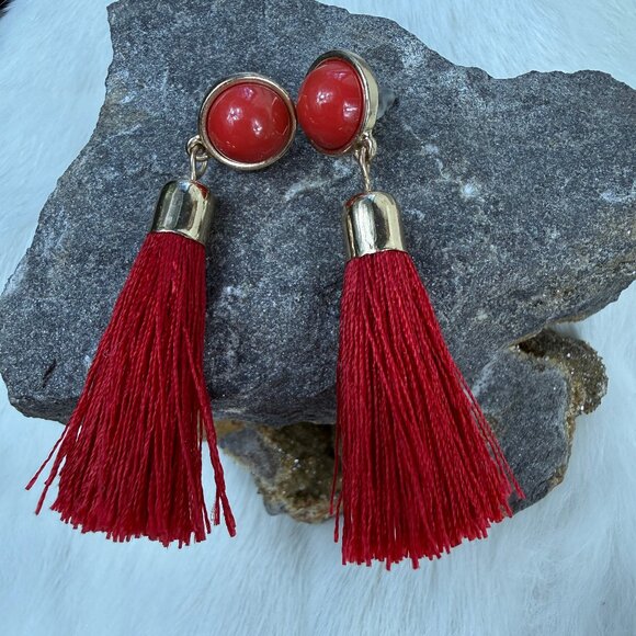 Jewelry | Red Fringe Dangle Drop Pierced Earrings Gold Tone | Poshmark